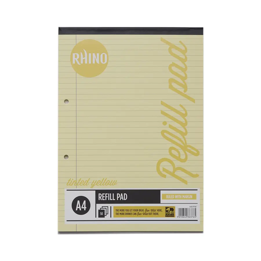 RHINO A4 Tinted Refill Pad 100 Pages - 50 Leaf Yellow Paper 8mm Lined ...